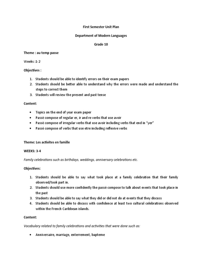 Grade 10 French - UNIT PLAN | PDF | Grammatical Tense | Language Mechanics