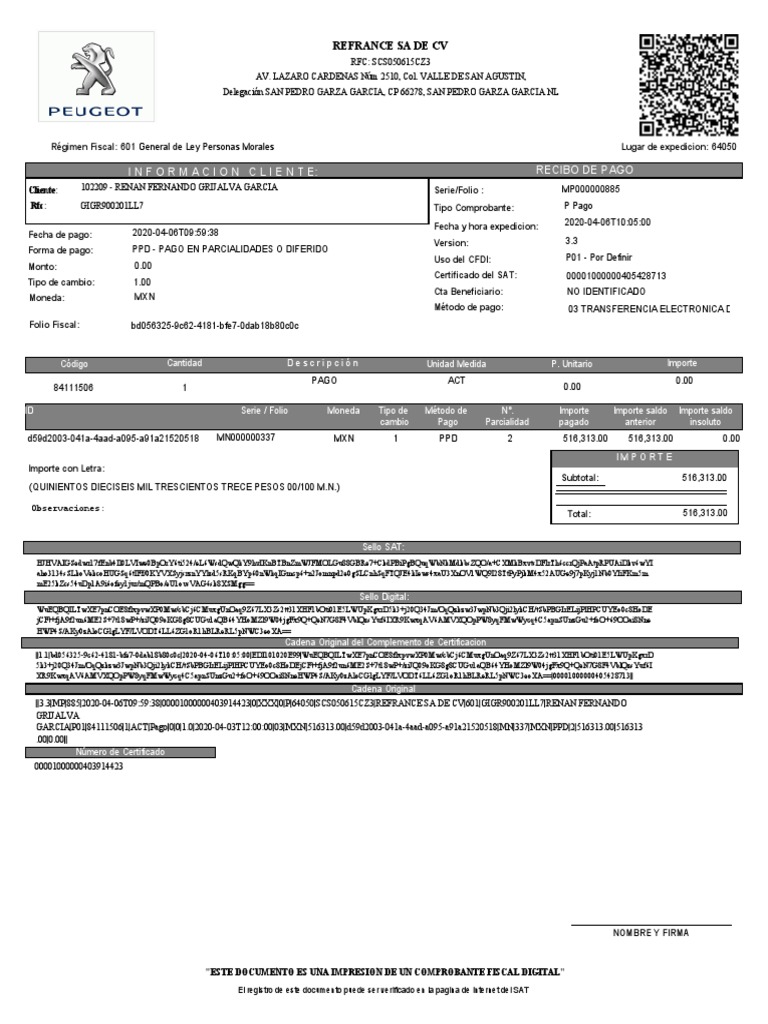 Recibo de Pago - Refrance SA de CV | PDF