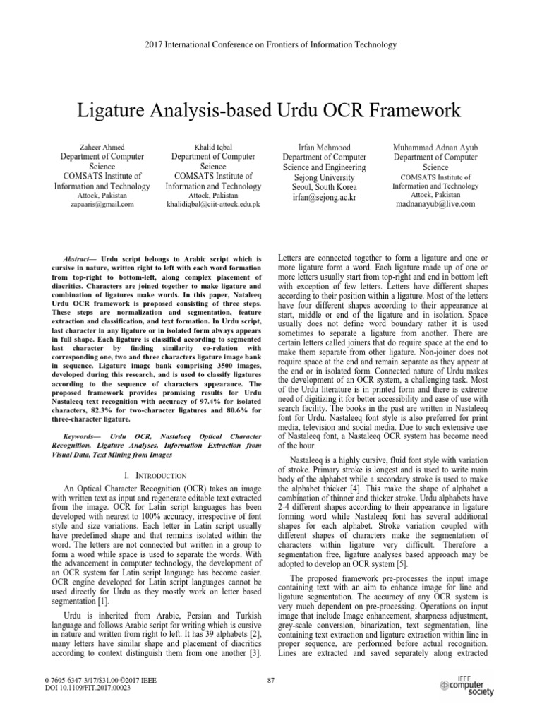 Ligature Analysis Based Urdu Ocr Framework Pdf Optical Character Recognition Text