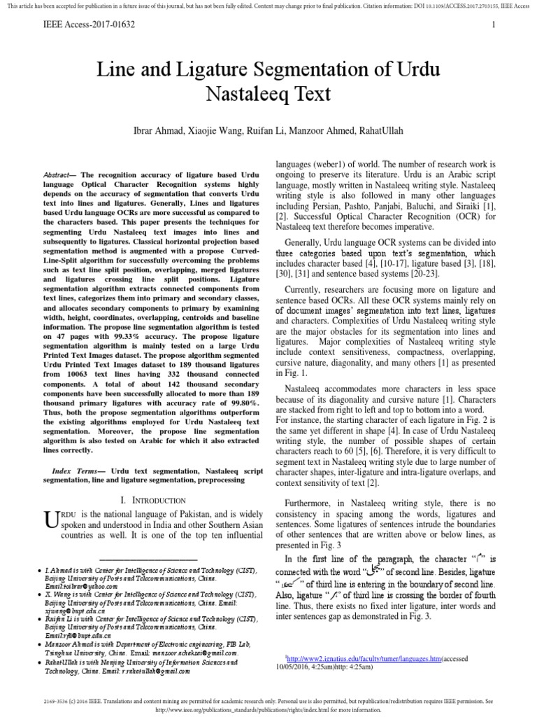 Line and Ligature Segmentation of Urdu Nastaleeq Text | PDF | Image Segmentation | Optical ...