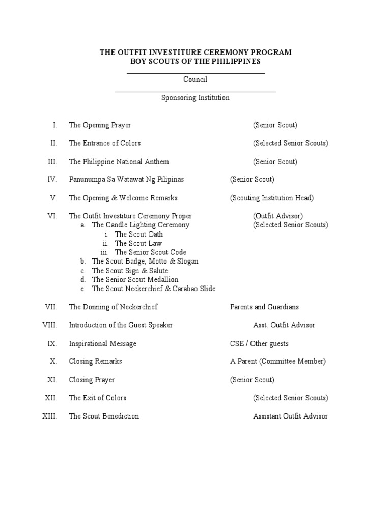 Investiture For Outfit - SCRIPT | PDF | Scouting