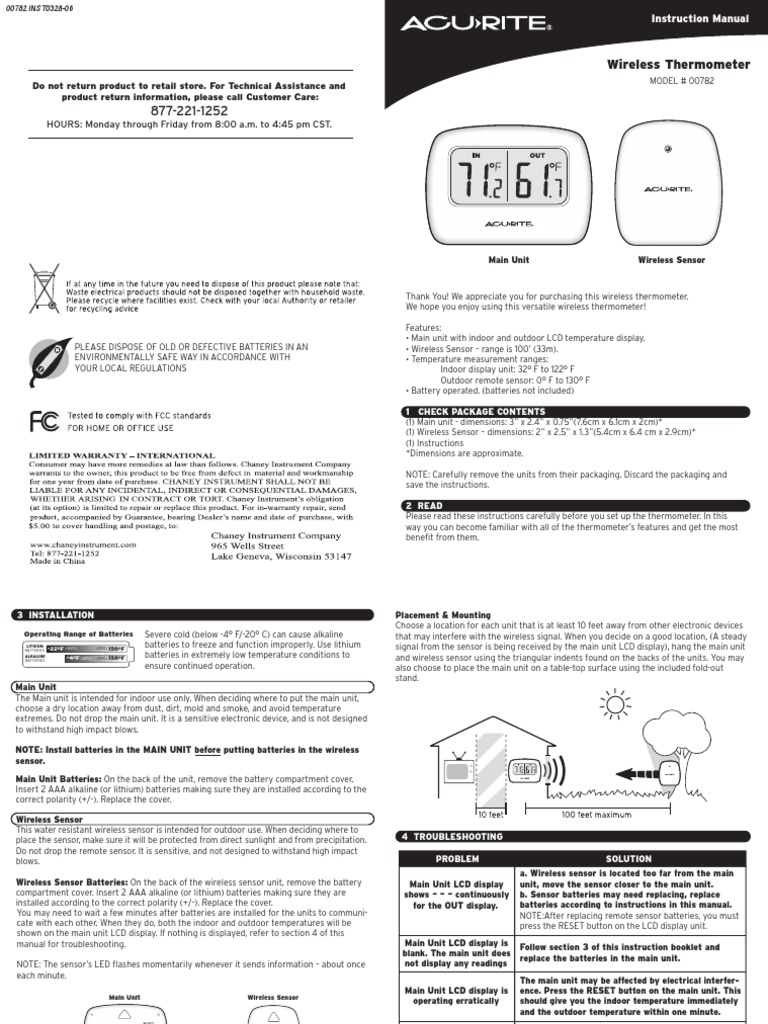 Acu Rite 00782 Manual | PDF | Thermometer | Sensor