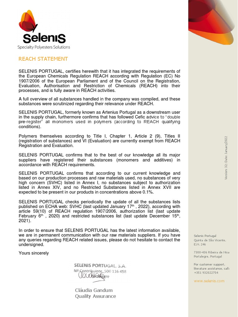 Selenis Portugal - Reach Statement - Selenis Polymers | PDF | Chemistry