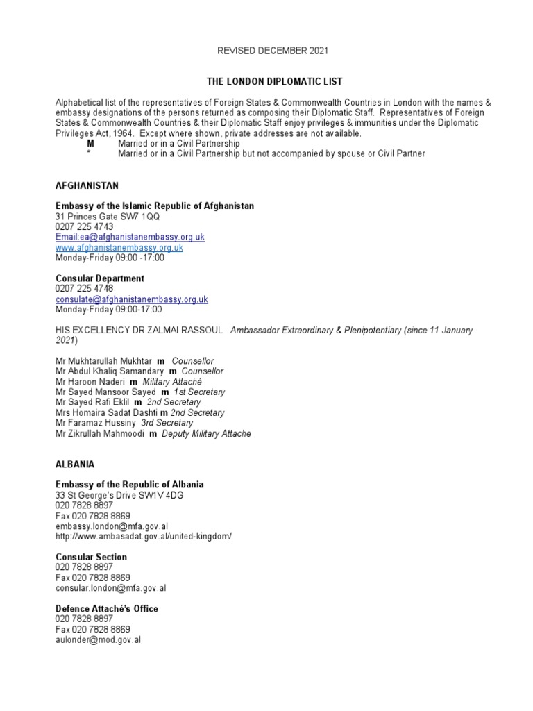 London Diplomatic List 2021 | PDF | Diplomatic Rank | Consul ...