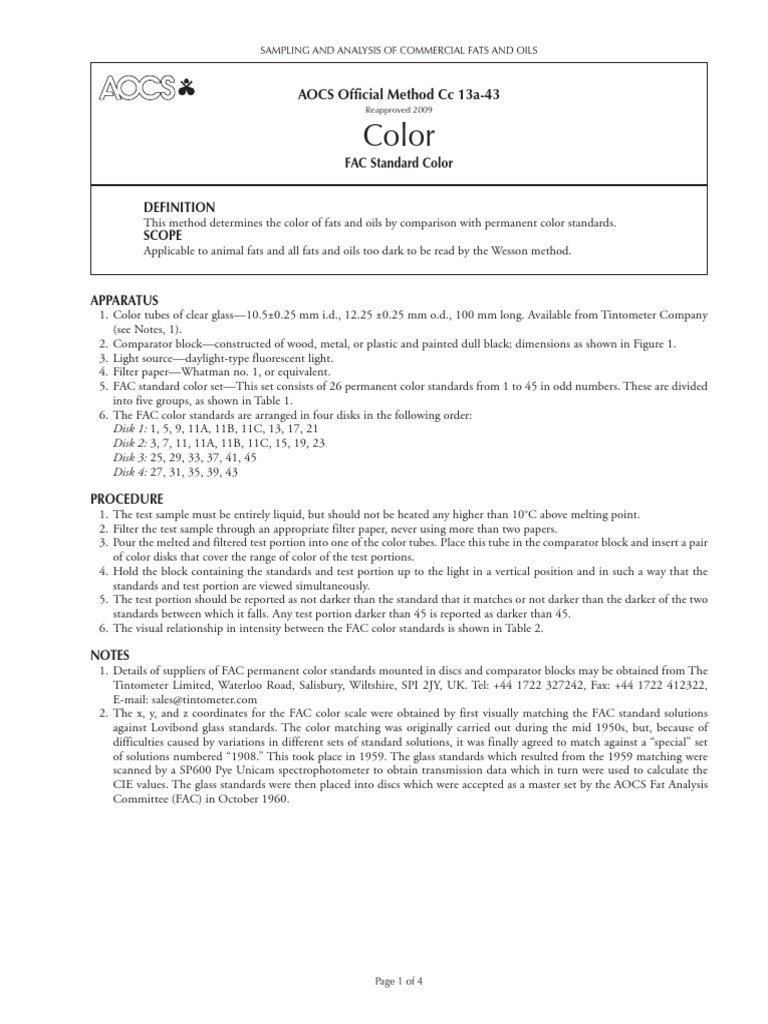 AOCS CC 13a-43 Color FAC Standard Color | PDF | Color | Chemistry