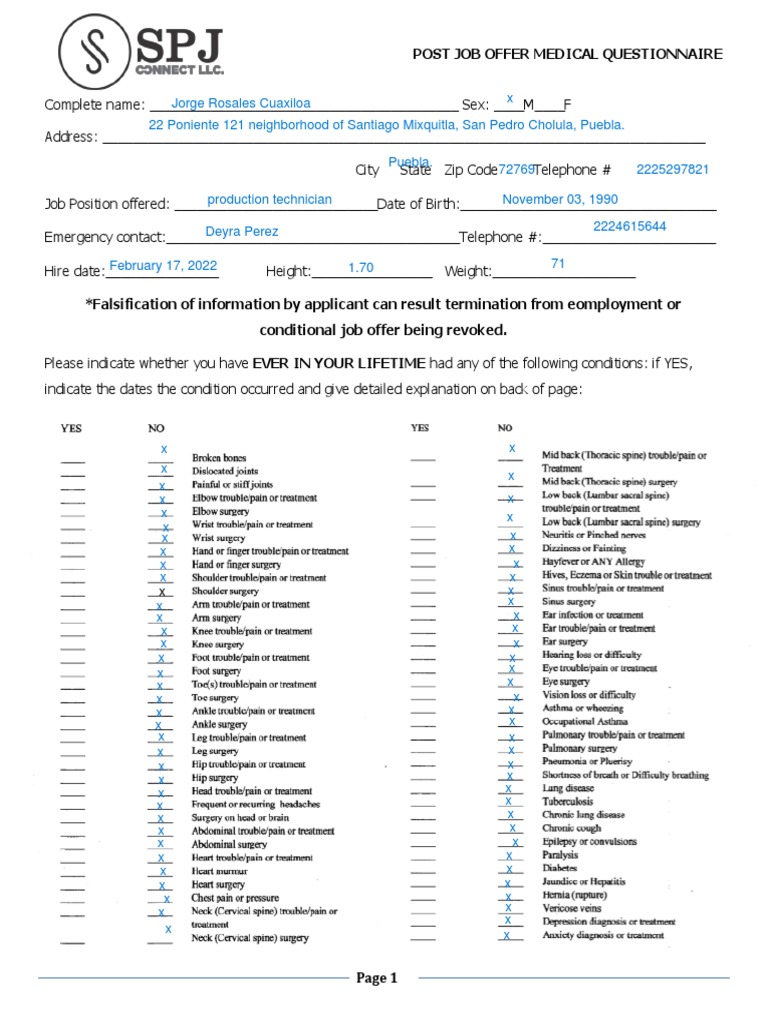 Post Job Offer Medical Questionnaire | PDF | Chemical Substances ...