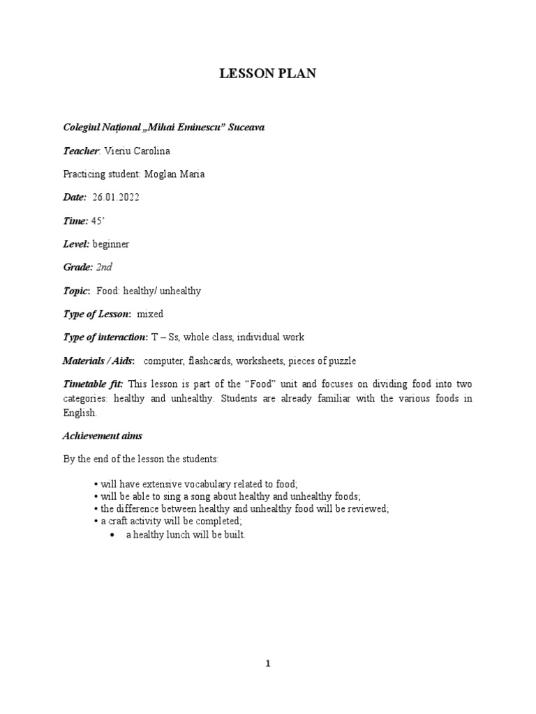LESSON PLAN Food Corectat | PDF | Lesson Plan | Foods