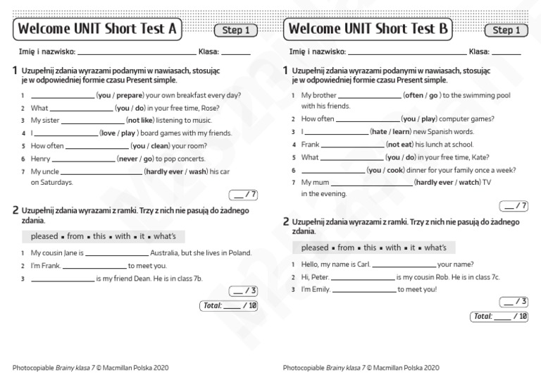 Brainy kl7 Short Tests Welcome Unit Step 1 | PDF | Meal | Eating ...