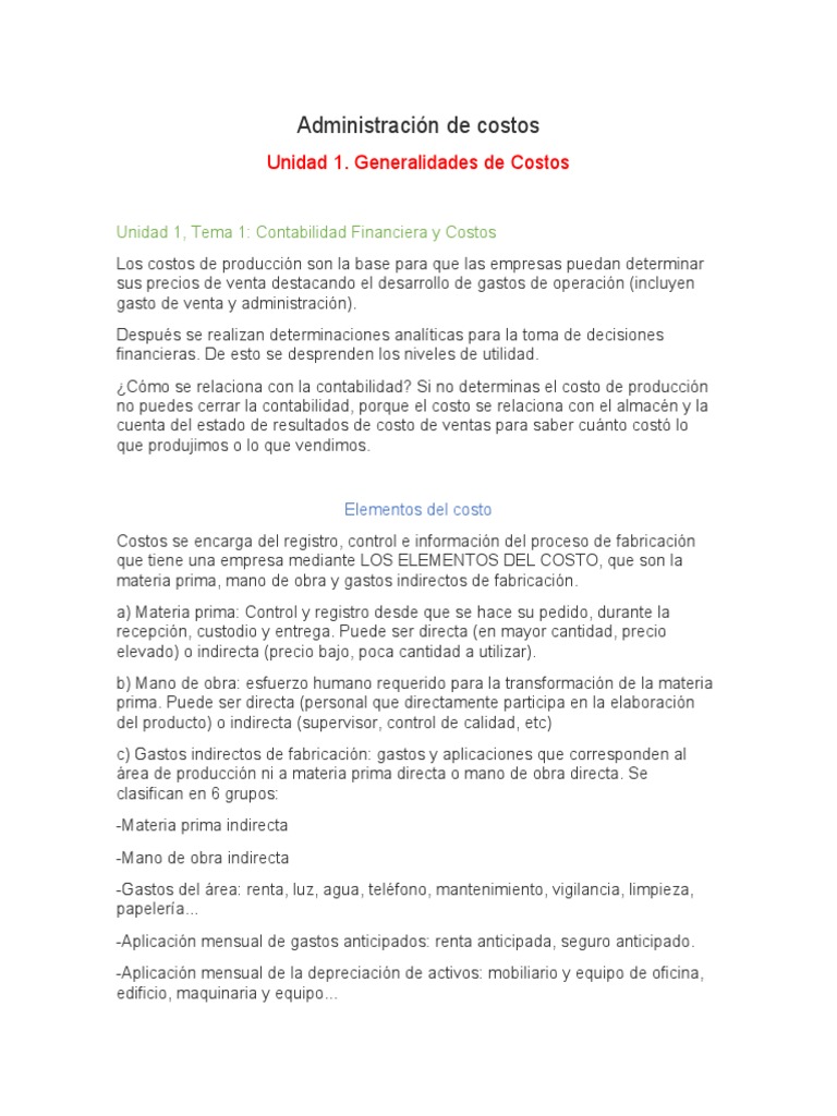 UNIDAD 1. Generalidades de Costos | PDF | Costo | Contabilidad
