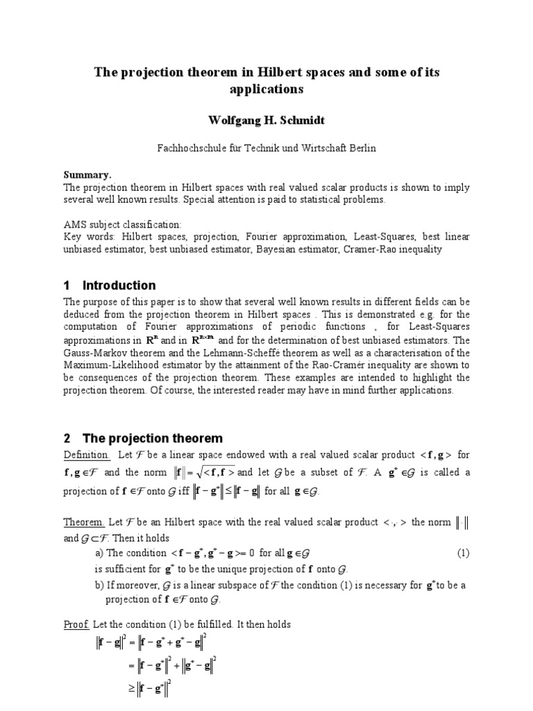 The Projection Theorem In Hilbert Spaces Pdf Hilbert Space Matrix