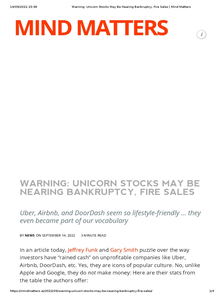 Warning - Unicorn Stocks May Be Nearing Bankruptcy, Fire Sales - Mind Matters | PDF | Initial ...