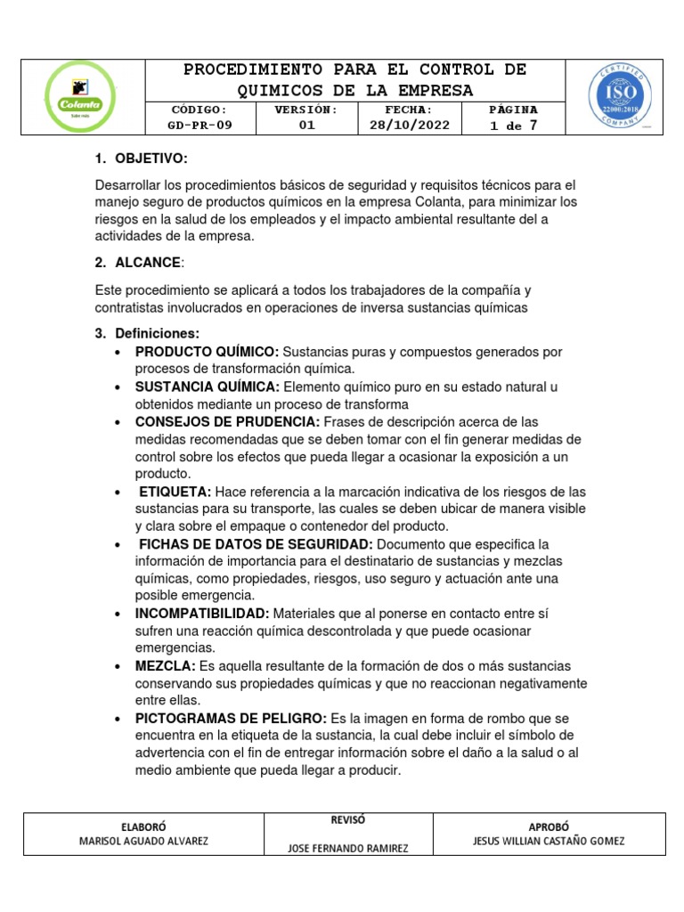 Procedimiento para El Control de Quimicos de La Empresa | PDF | Química ...