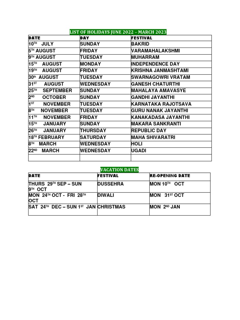 List of Holidays June 2022 | PDF