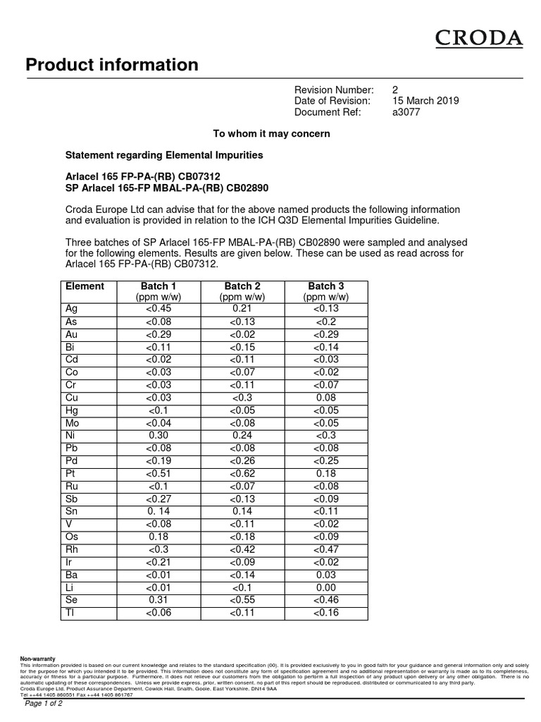A3077 - Elemental Impurities ICH Q3D Arlacel 165 FP-PA - (RB) CB07312 ...