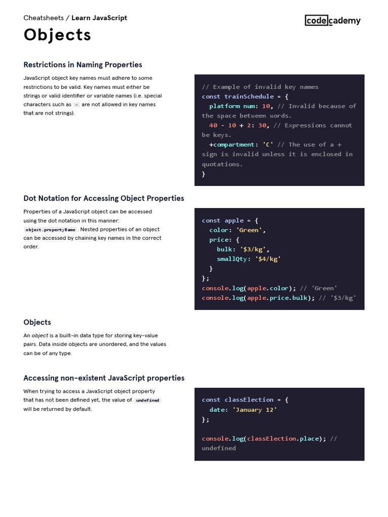 Learn JavaScript - Objects Cheatsheet - Codecademy | PDF | Java Script | Parameter (Computer ...