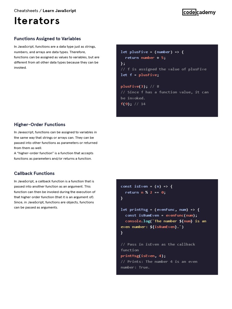 Learn JavaScript - Iterators Cheatsheet - Codecademy | PDF | Parameter (Computer Programming ...