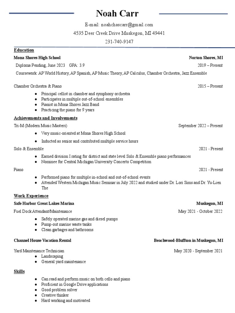 Noah Carr - Resume | PDF | Classical Music | Performing Arts