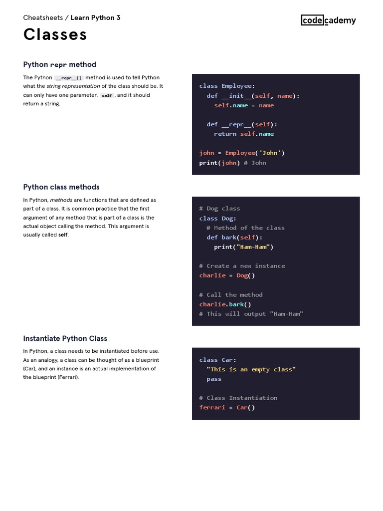Learn Python 3 Classes Cheatsheet Codecademy Pdf Class Computer 6528