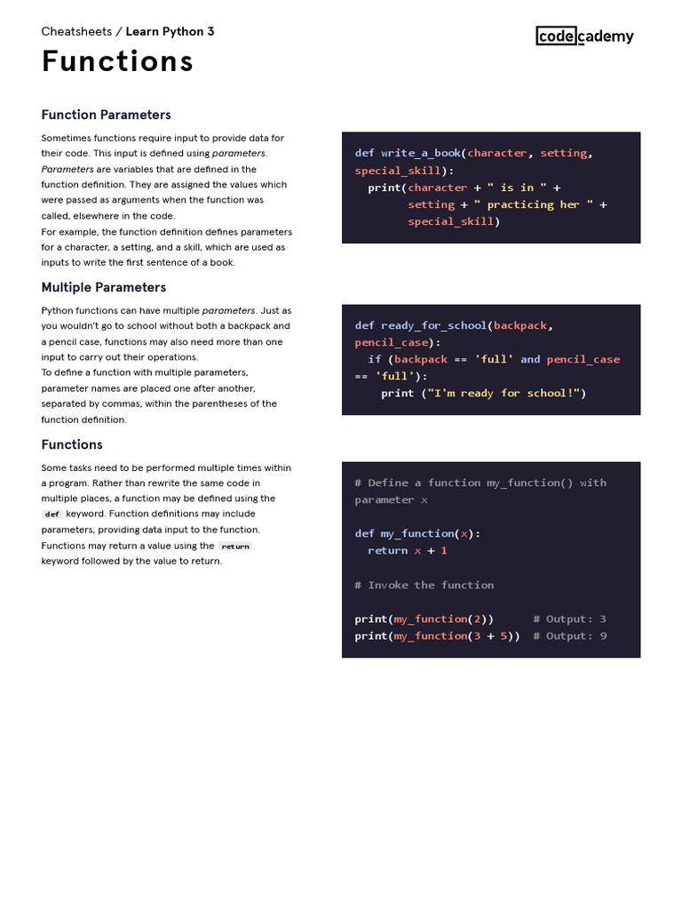 Learn Python 3 Functions Cheatsheet Codecademy Pdf Parameter Computer Programming