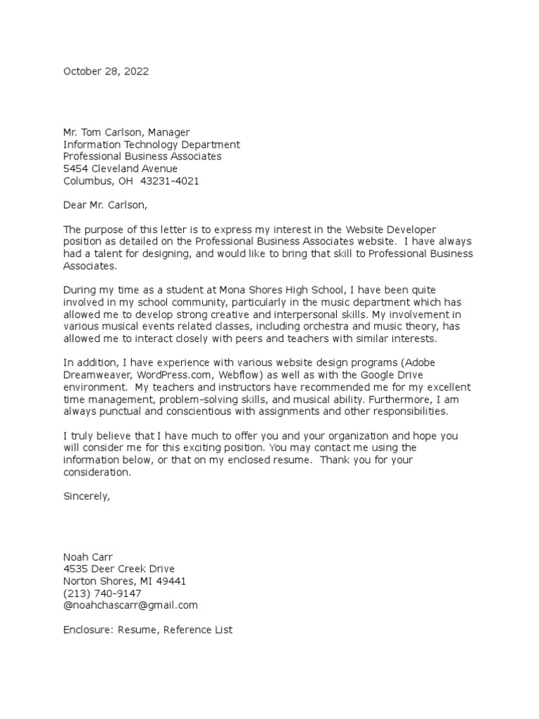 Noah Carr - Cover Letter | PDF | Career & Growth