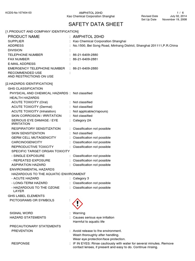 Amphitol 20HD en | PDF | Toxicity | Solubility
