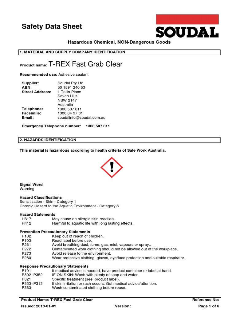 SDS - Soudal T-Rex Power Fast Grab Clear | PDF | Toxicity | Dangerous Goods