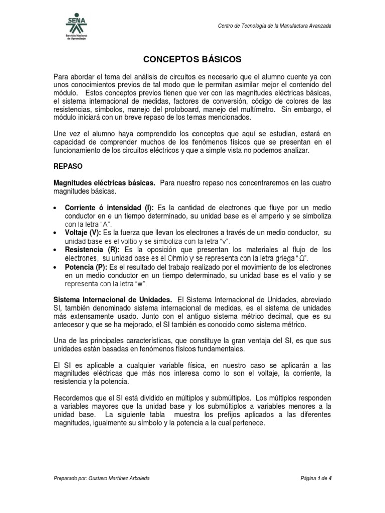Documento Guía 1 Conceptos Básicos | PDF | Vatio | Corriente eléctrica