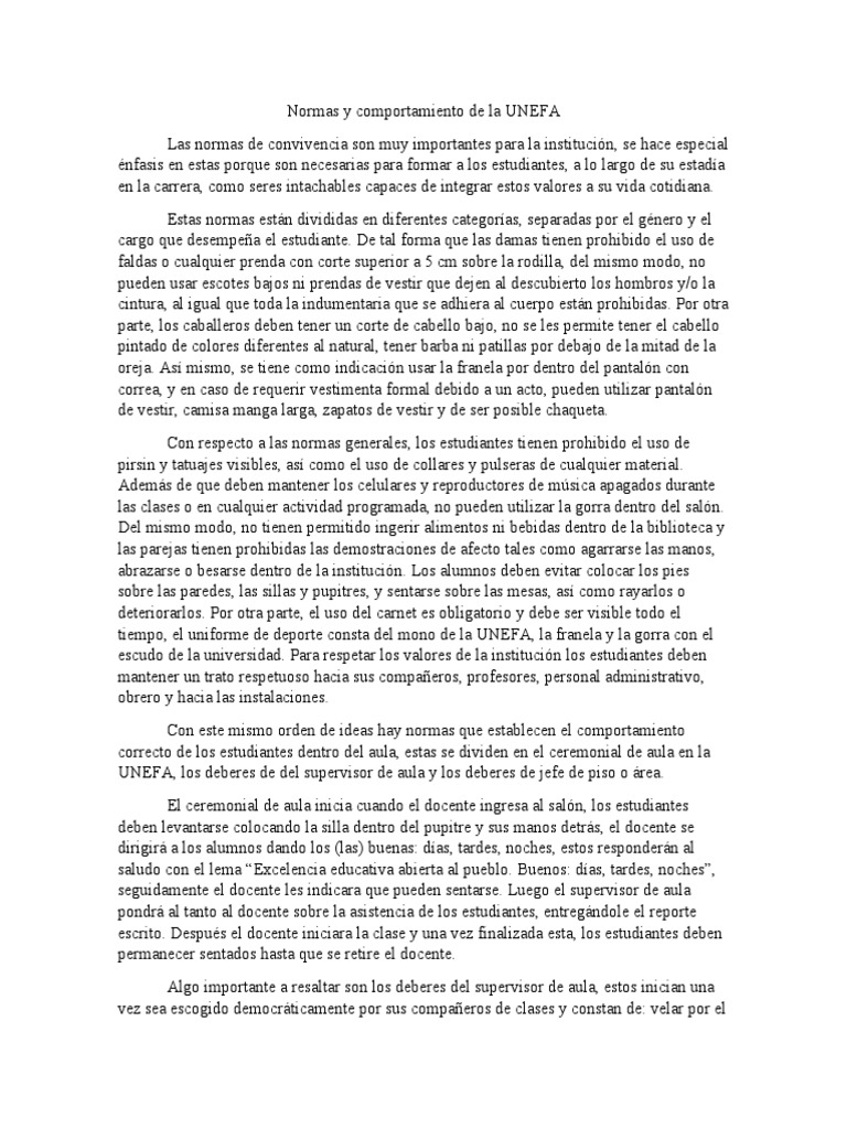 Normas y Comportamiento de La UNEFA | PDF | Salón de clases | Ropa