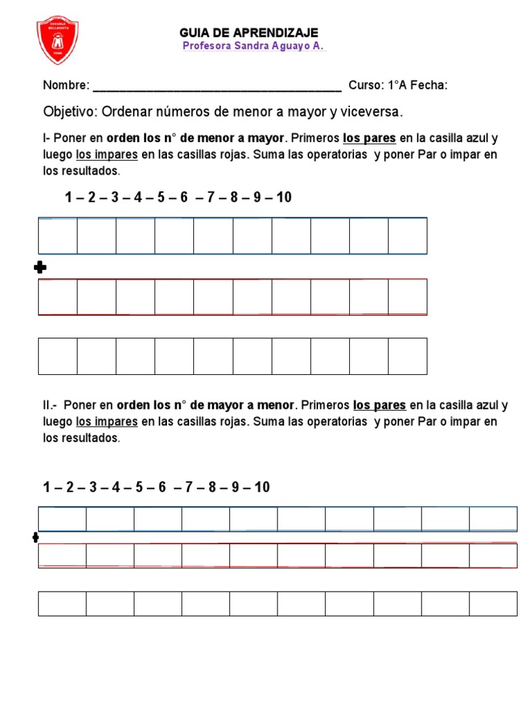 Guía de aprendizaje sobre ordenación numérica y clasificación de ...
