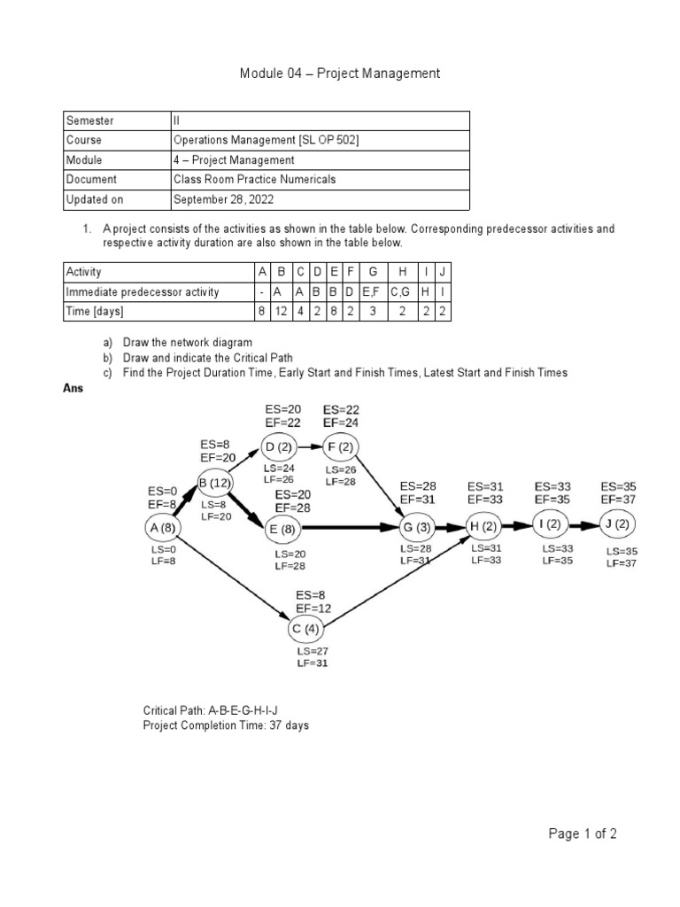 Class of 2024 - Numericals Module 04 - Project Management-Revised | PDF