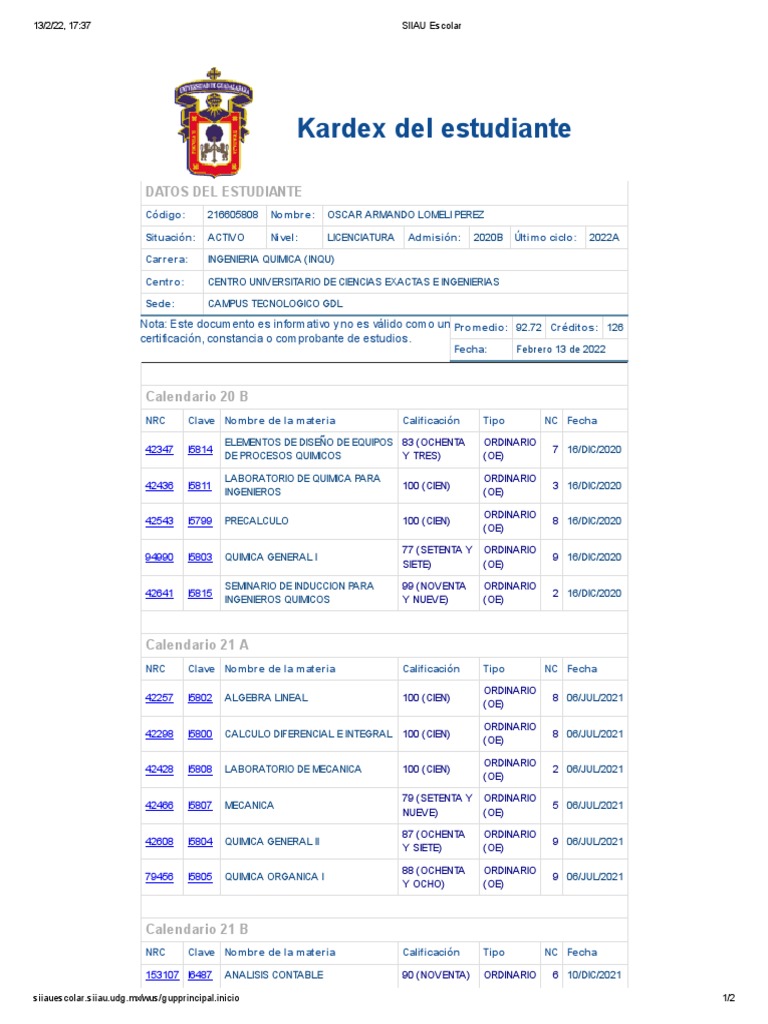 SIIAU Escolar Kardex | PDF