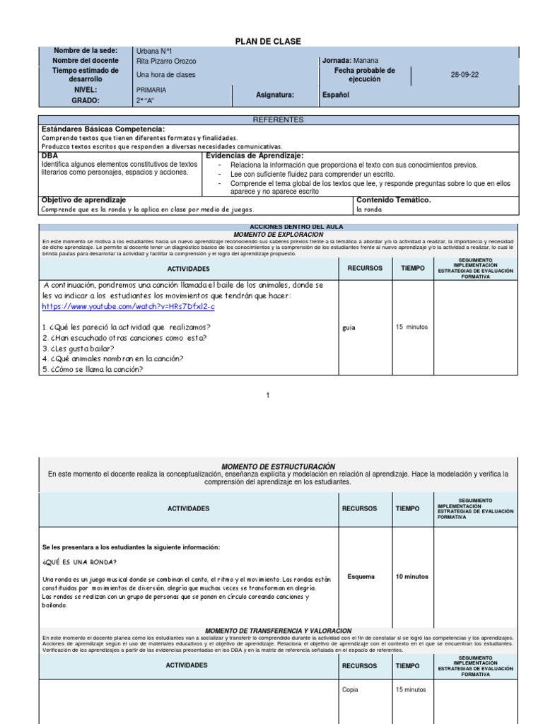 Plan de Clase La Ronda | PDF | Aprendizaje | Evaluación