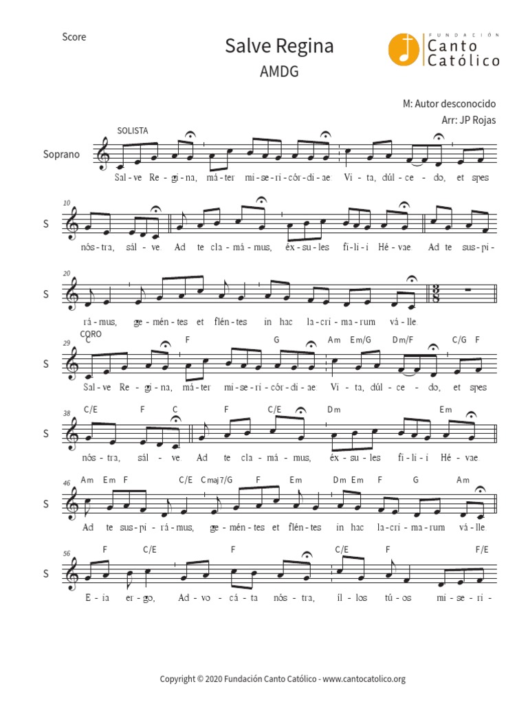 Salve Regina - Linea Melódica y Acordes - Score | PDF