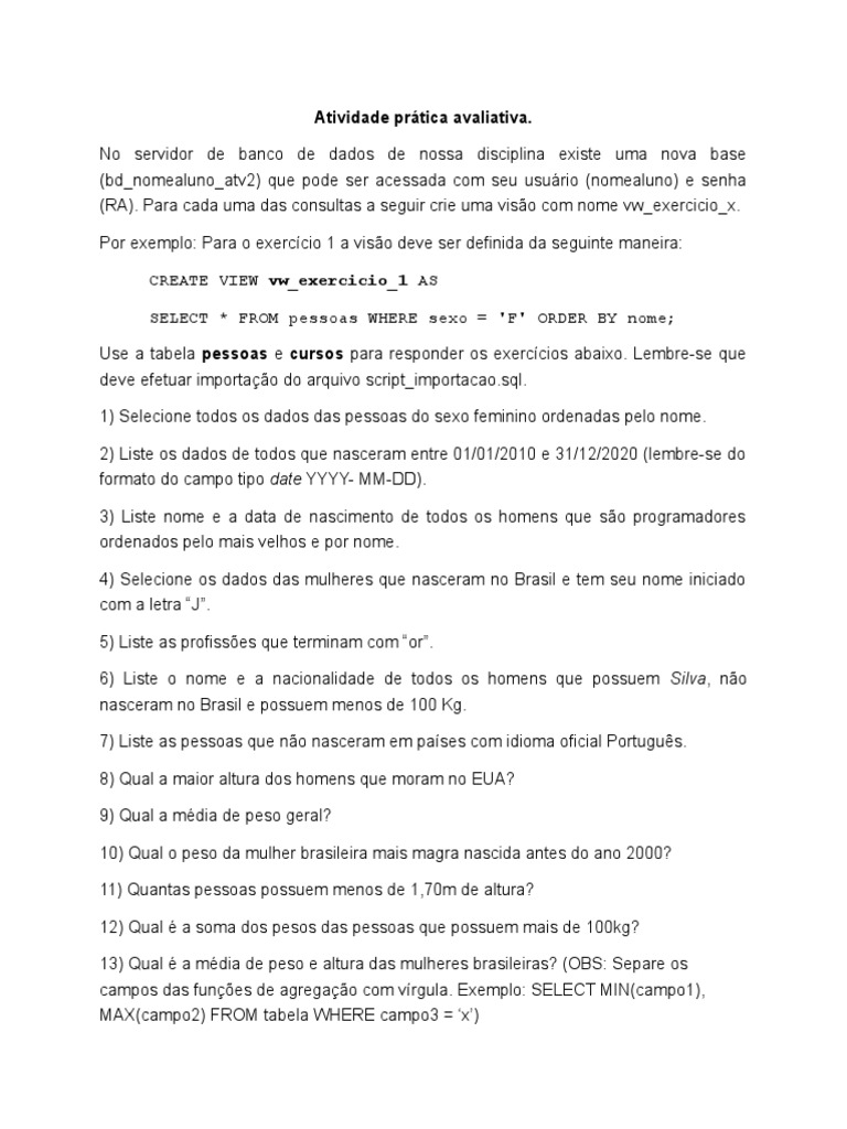 Atividade Banco de Dados - Select | PDF | SQL | Brasil
