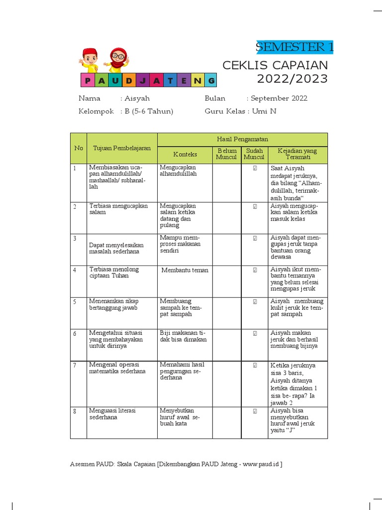 Ceklis Skala Capaian Paud | PDF