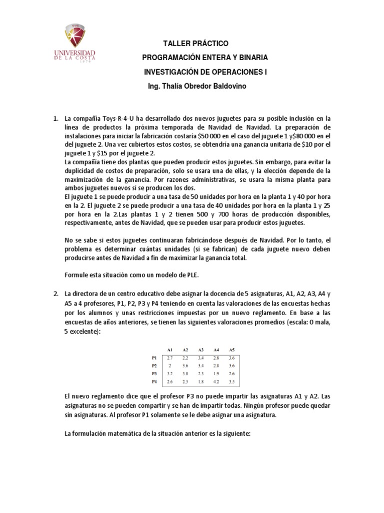 Formulación de modelos de programación lineal entera para la ...
