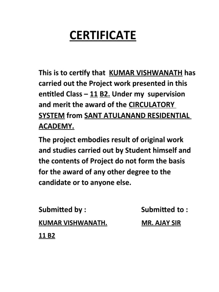 Certificate: Kumar Vishwanath. Mr. Ajay Sir 11 B2 | PDF