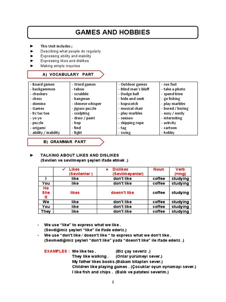 Hobbies and Games Vocabulary Worksheet | PDF