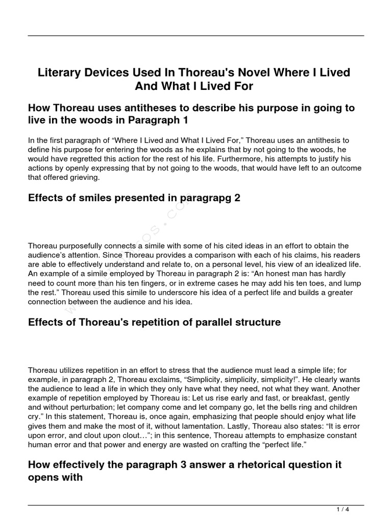 Literary Devices Used in Thoreaus Novel Where I Lived and What I Lived ...