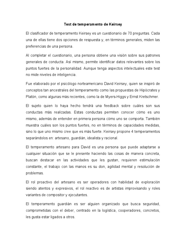 Test de Temperamento de Keirsey | PDF | Temperamento | Comportamiento