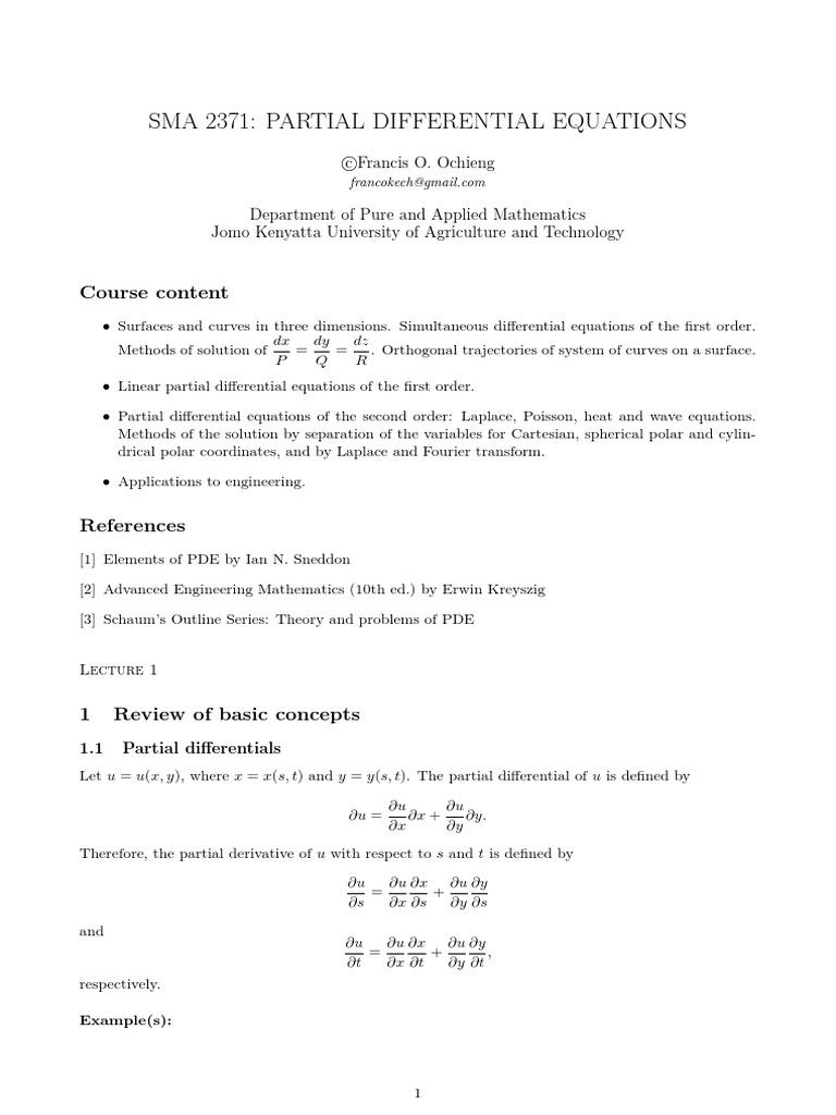 Sma 2371 Pde (Notes) | PDF | Partial Differential Equation | Equations