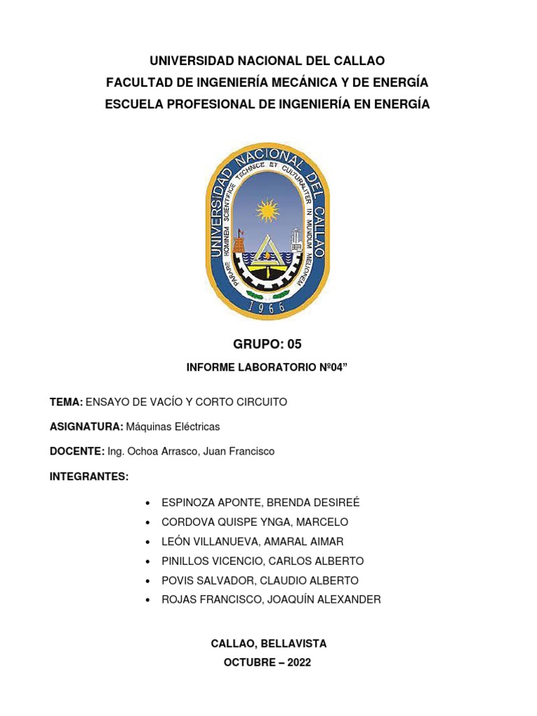 Informe De Laboratorio 4 Ensayo De Vacío Y Cortocircuito Grupo 05 Pdf