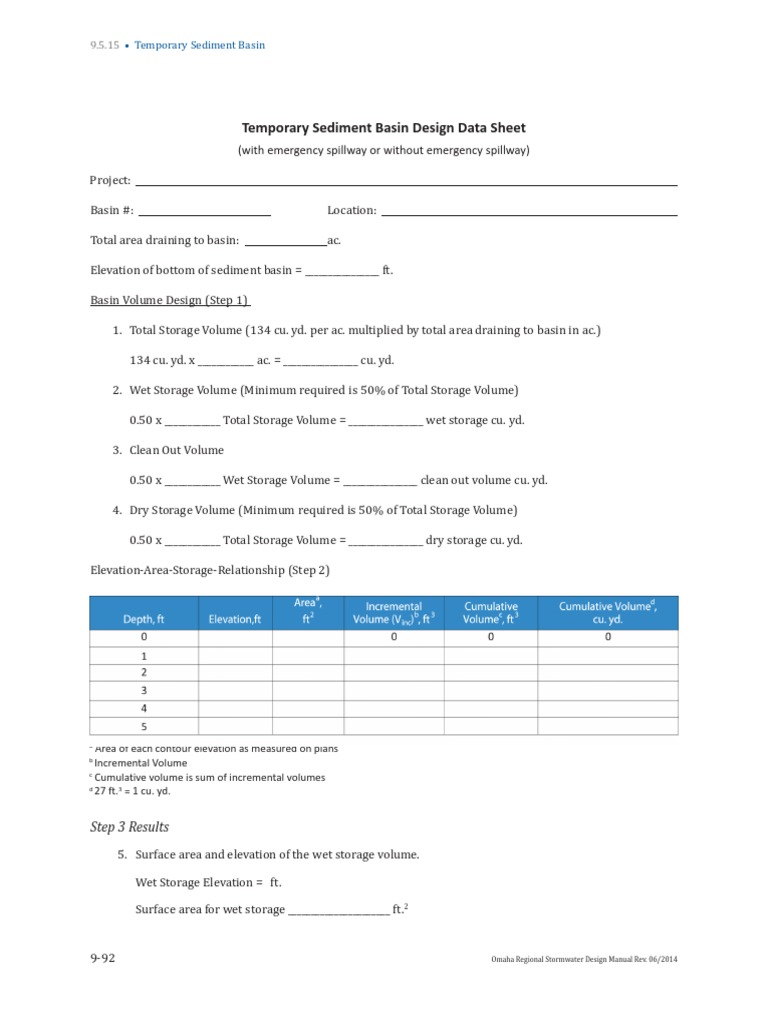 Temporary Sediment Design Data Sheet | PDF | Spillway | Area