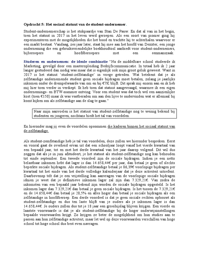 Opdracht 5 - de Student Ondernemer en Zijn Sociaal Statuut | PDF