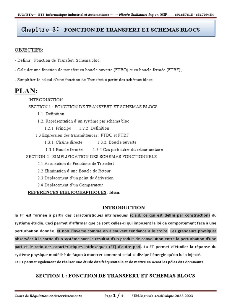 Fonction de Transfert et Schémas Blocs | PDF | Automatisation | Physique