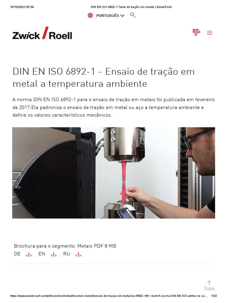 Din En Iso 6892 1 Teste De Tração Em Metais Zwickroell Pdf