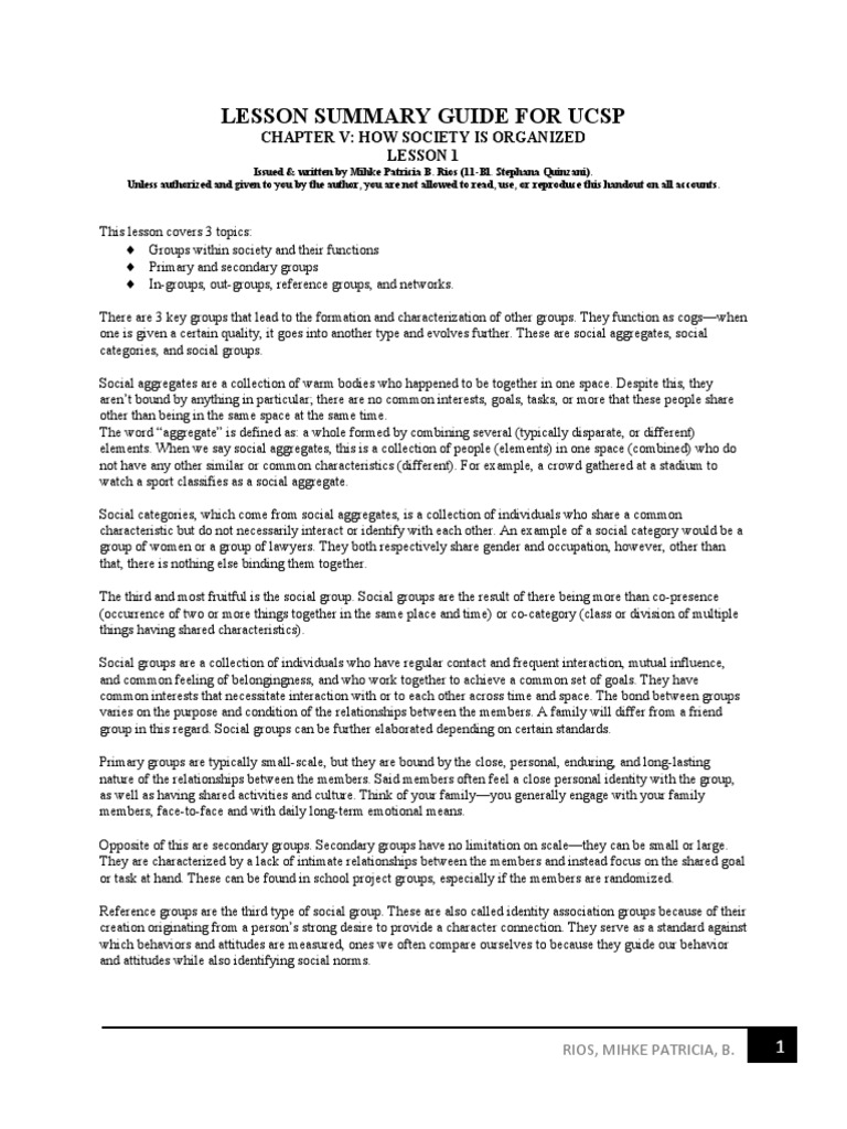 Lesson 1 Summary Guide For Ucsp | PDF | Social Group | Behavioural Sciences