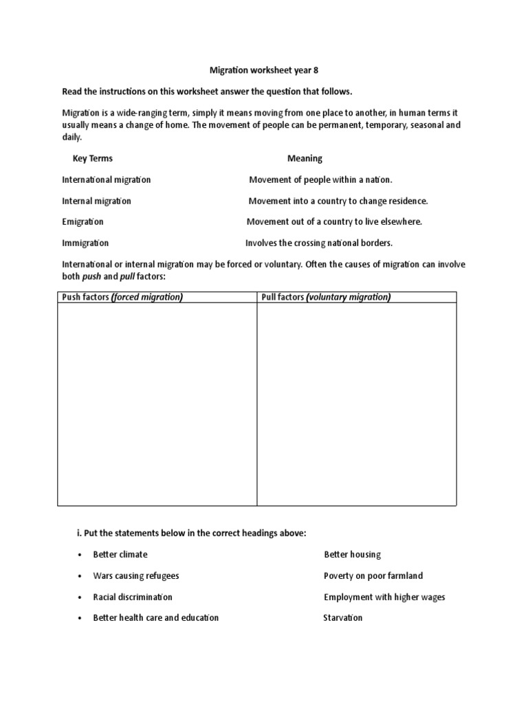 Migration Worksheet | PDF | Human Migration | Cultural Globalization