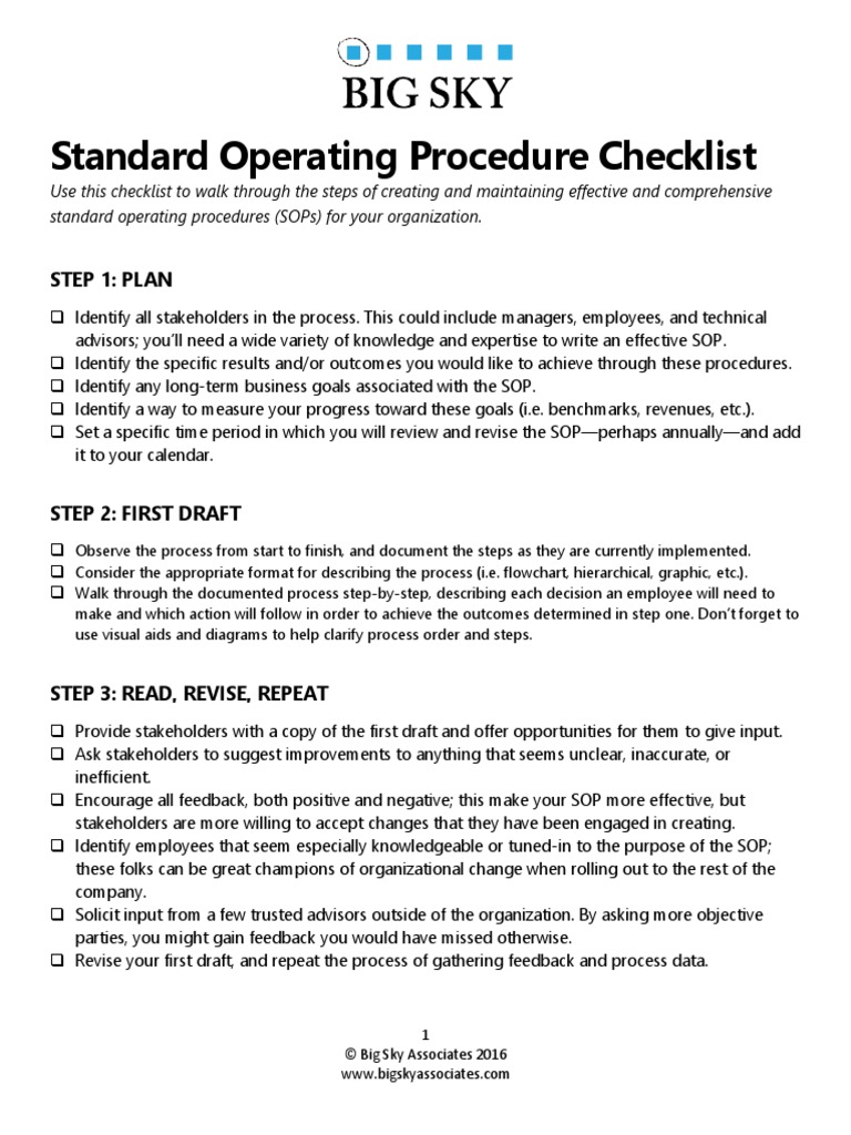 Standard Operating Procedure Checklist | PDF | Goal | Cognition Standard Operating Procedure Checklist | PDF | Goal | Cognition
