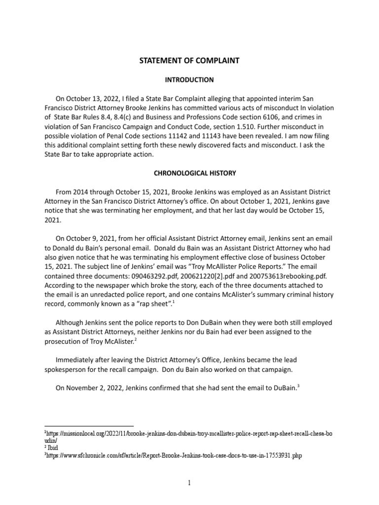 Brooke Jenkins State Bar Complaint 2 | PDF | Prosecutor | Complaint
